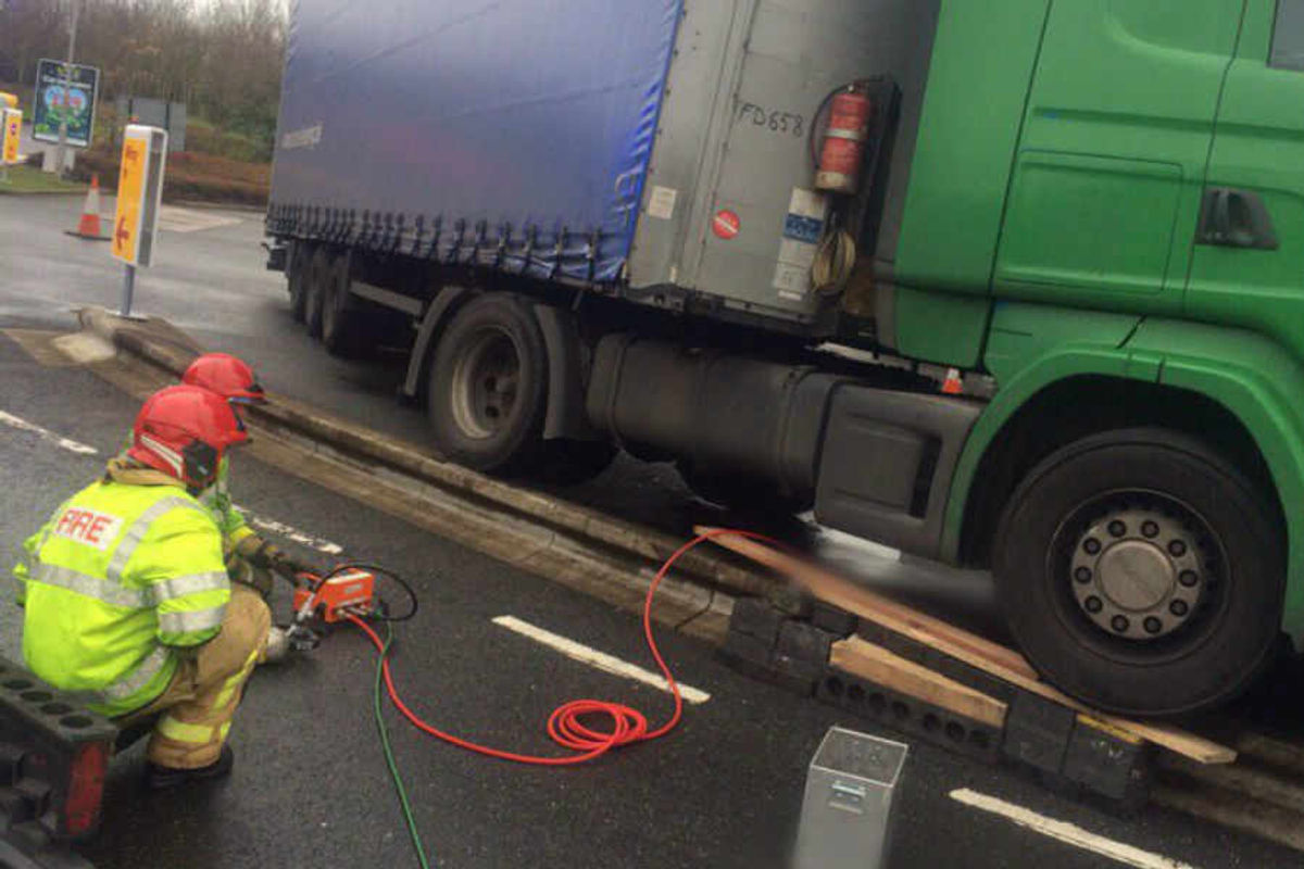 Firefighters work to free lorry stuck at Telford M54 services ...
