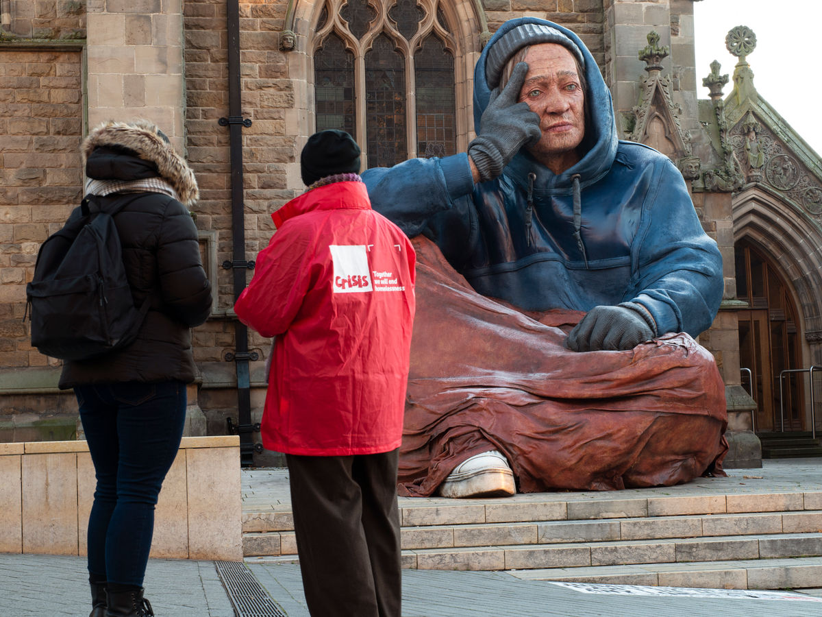 14ft hyper-real homeless sculpture unveiled in Birmingham by Crisis ...