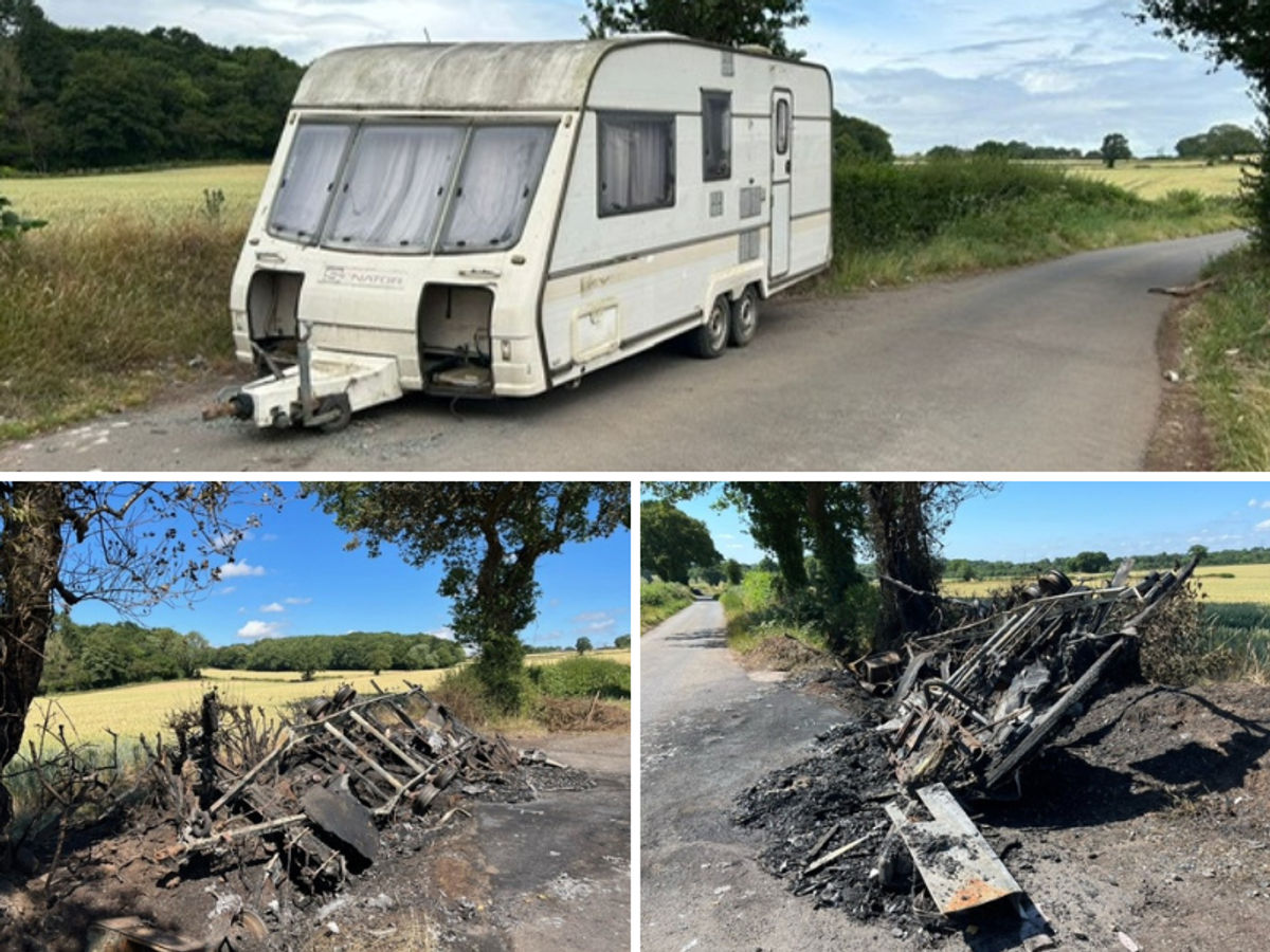 Up in smoke: Caravan dumped on Shifnal country lane is destroyed by ...