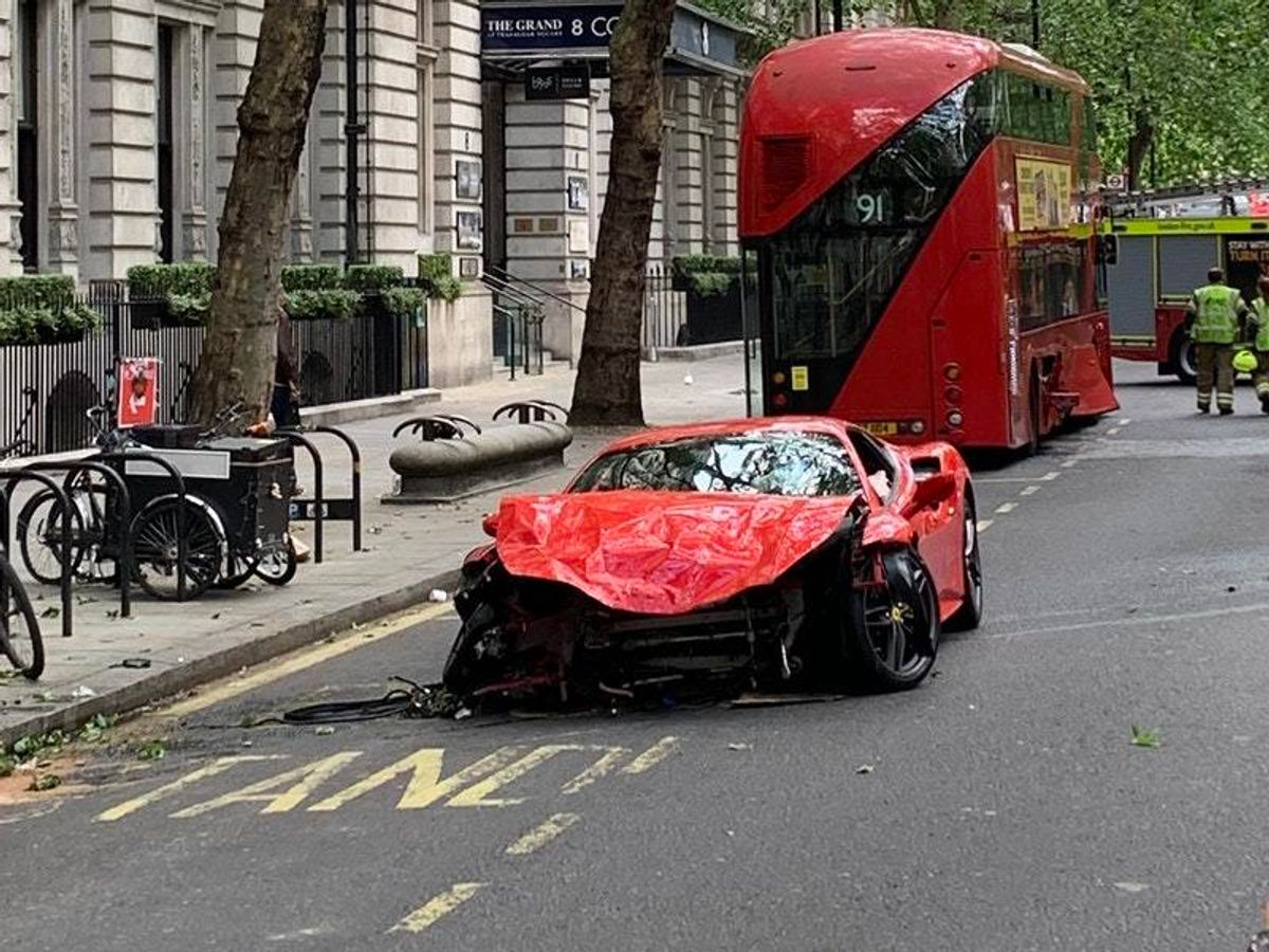 Mangled Ferrari written-off on the deserted streets of Westminster ...