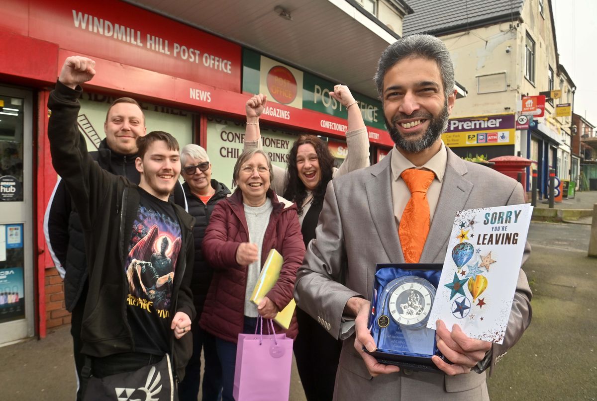 Best wishes given to Postman Sam as he leaves Halesowen post office ...