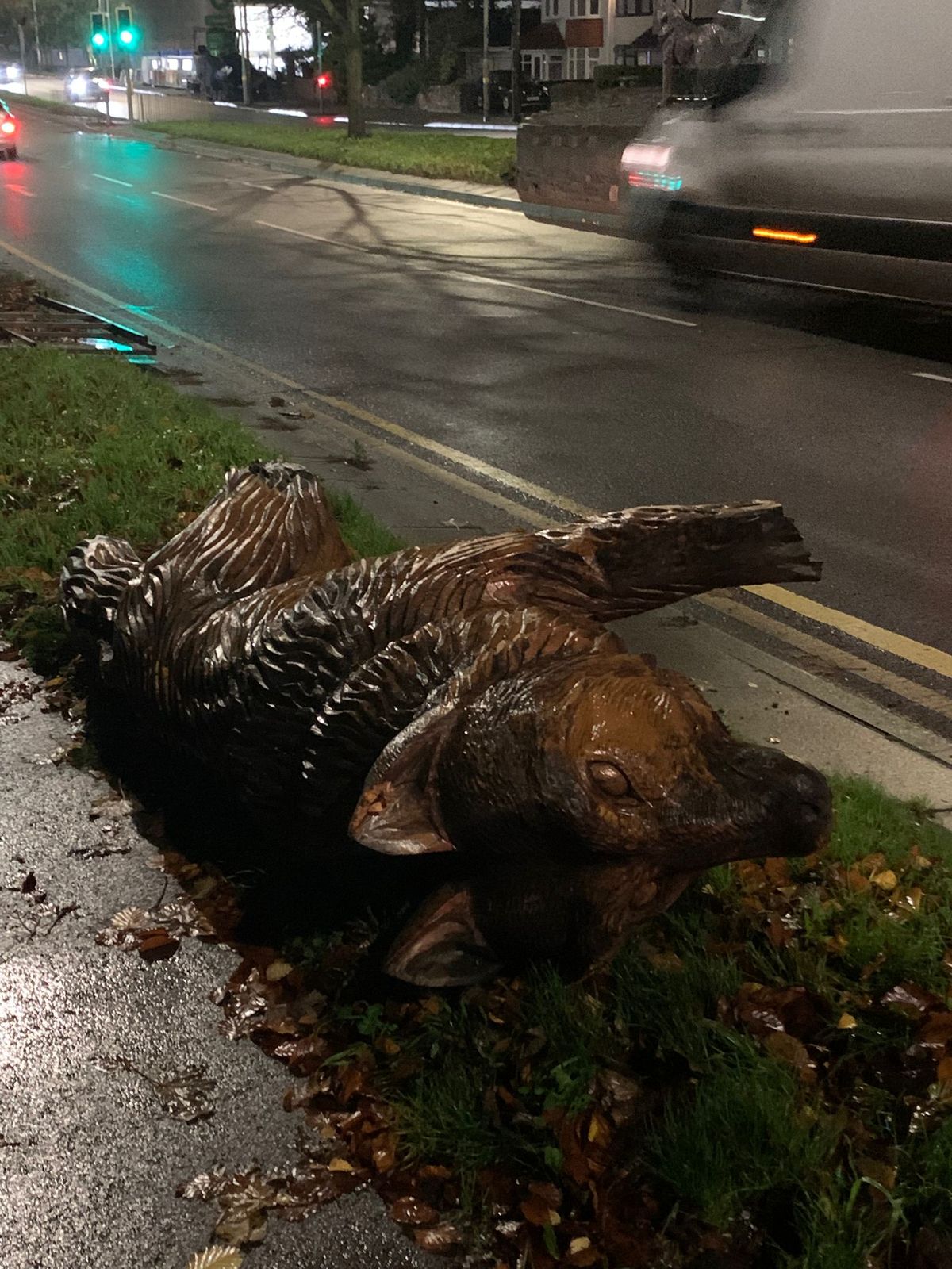 'One of our wolves is missing' Fallen wolf statue is taken away to be ...